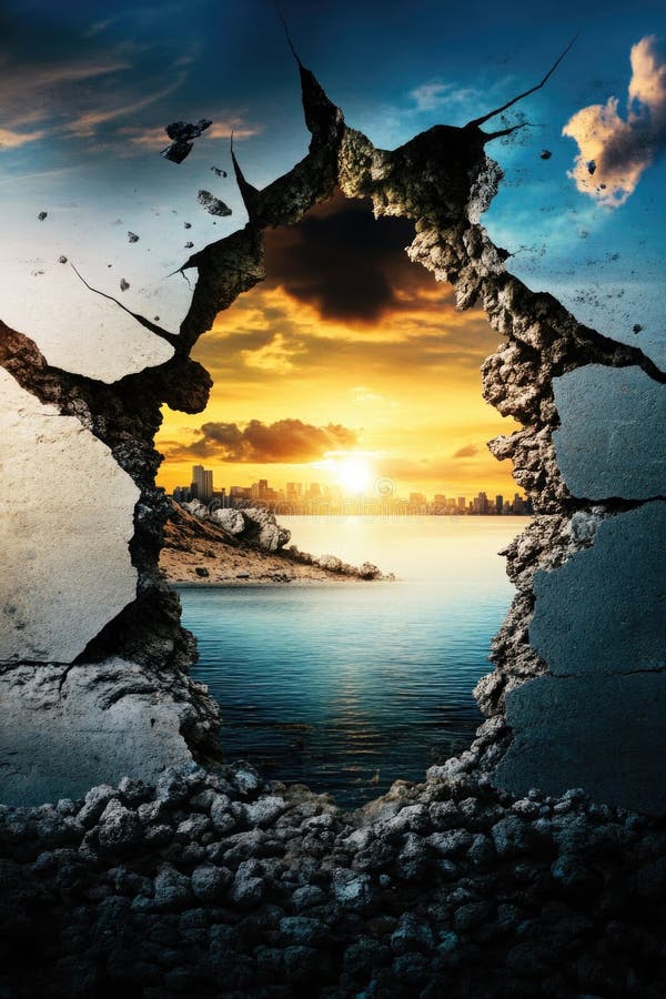Dramatic Sunset View through Cracked Wall Overlooking City Waterfront ...