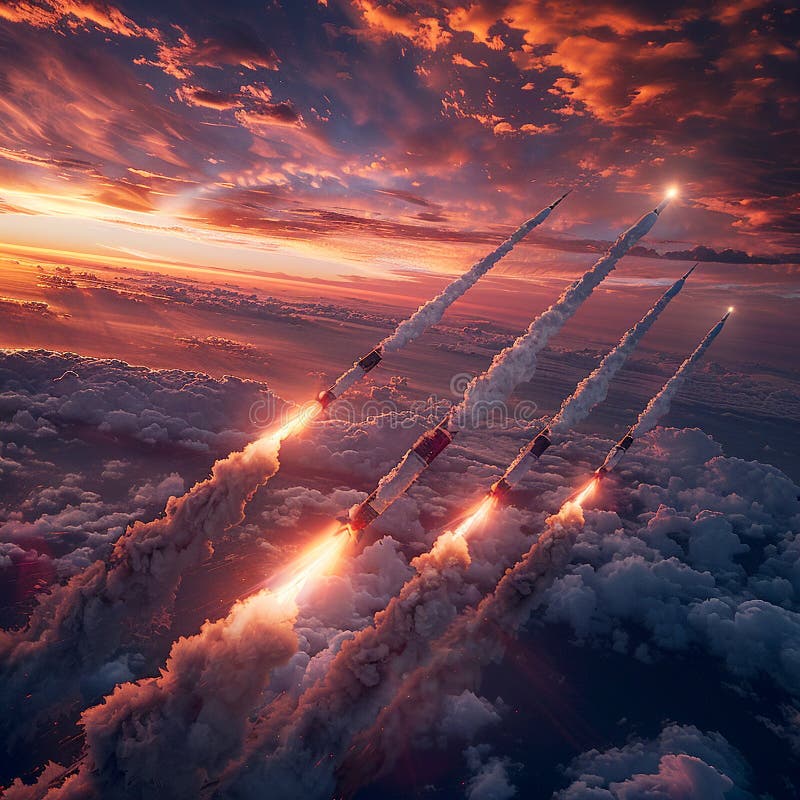 Dramatic Sunset View with Multiple Rockets Launching into the Sky Over ...