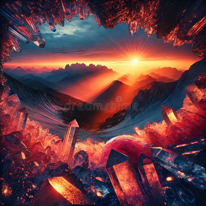 A Dramatic Sunset Viewed through a Cavern of Glowing Red Crystals ...