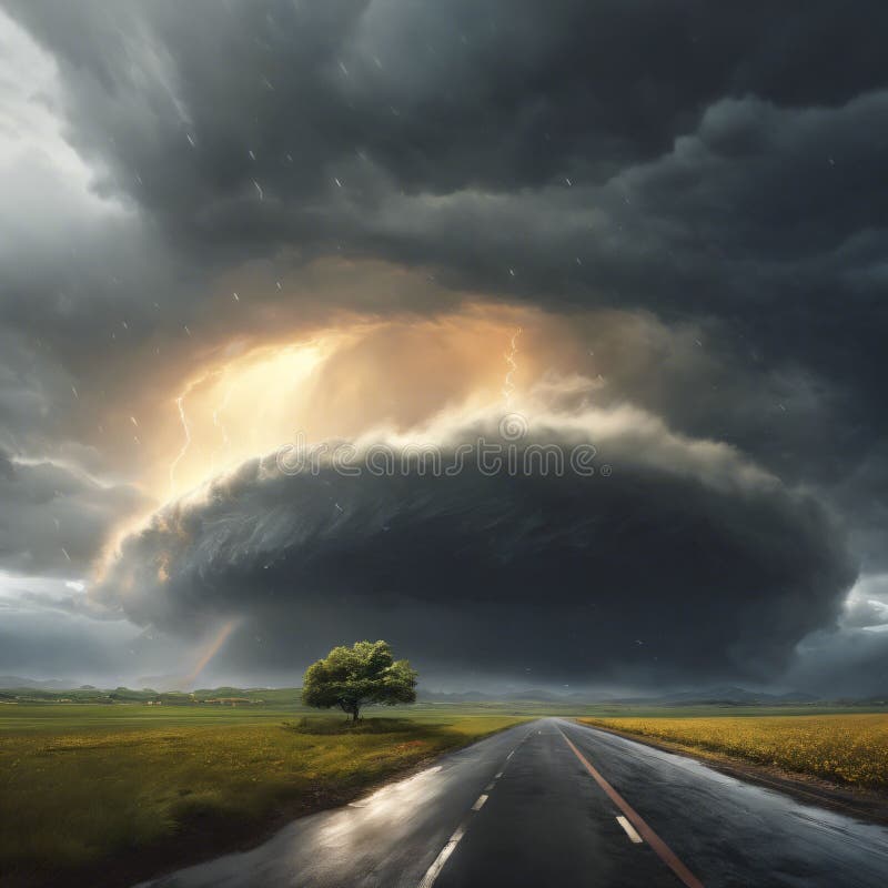 GENERATED IA Supercell Storm Cloud Forming Above Country Road with ...