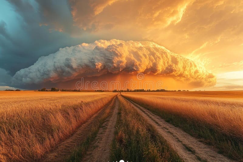 Dramatic Supercell Thunderstorm Clouds Over Countryside Field at Sunset ...