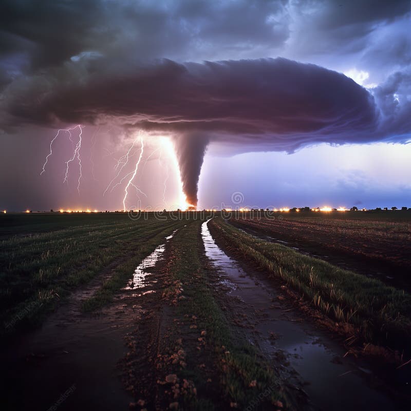 Large Tornado Touching Down in Farm Field with Lightning Strike at Dusk ...