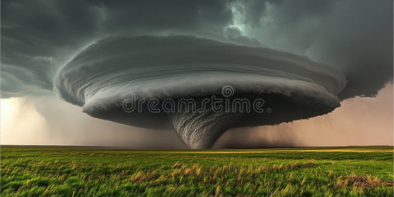 Dramatic Supercell Tornado Over Green Field Powerful Nature Storm Cloudscape Sky Awe Wind Rain ...