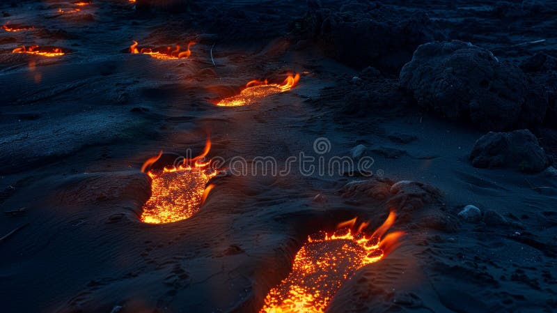 A Dramatic and Surreal Image Depicting a Trail of Burning Footprints on ...
