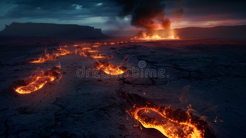 A Dramatic and Surreal Image Depicting a Trail of Burning Footprints on ...