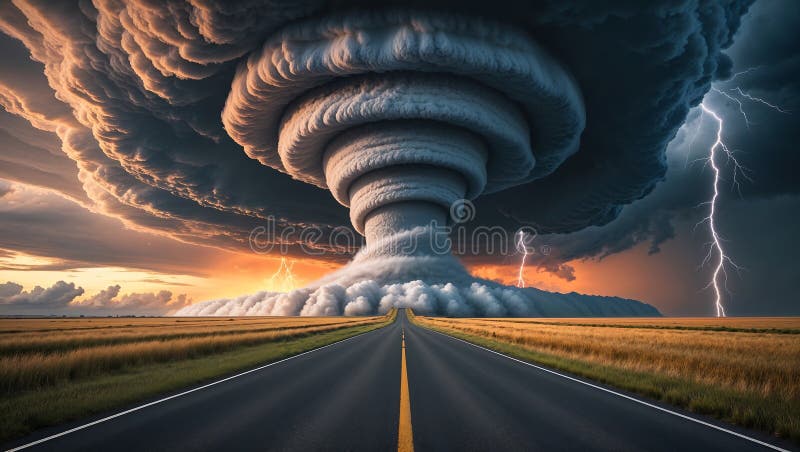 Surreal Landscape with Massive Tornado-Like Storm Over Open Road Stock ...