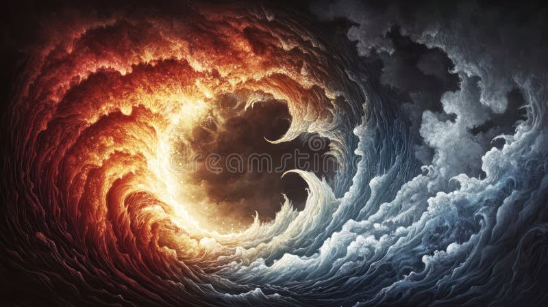 A Dramatic Swirl of Fiery and Cool Clouds, Representing Contrasting ...