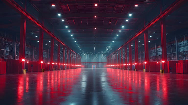 Dramatic Symmetrical Corridor with Red Lighting and Reflective Flooring ...