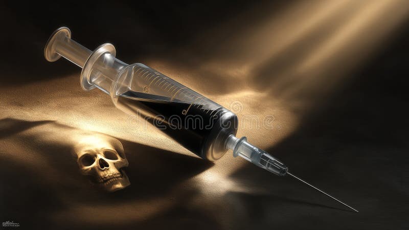 Dramatic Syringe with Black Liquid and Skull in Spotlight Stock Image ...