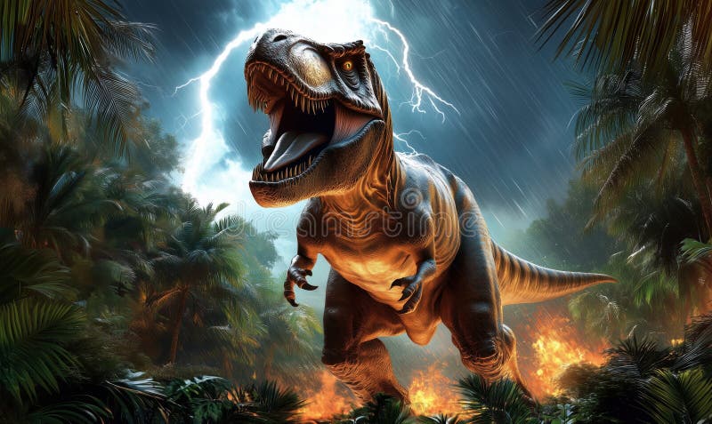 Dramatic T-Rex in Stormy Jungle with Lightning and Flames Stock Photo ...