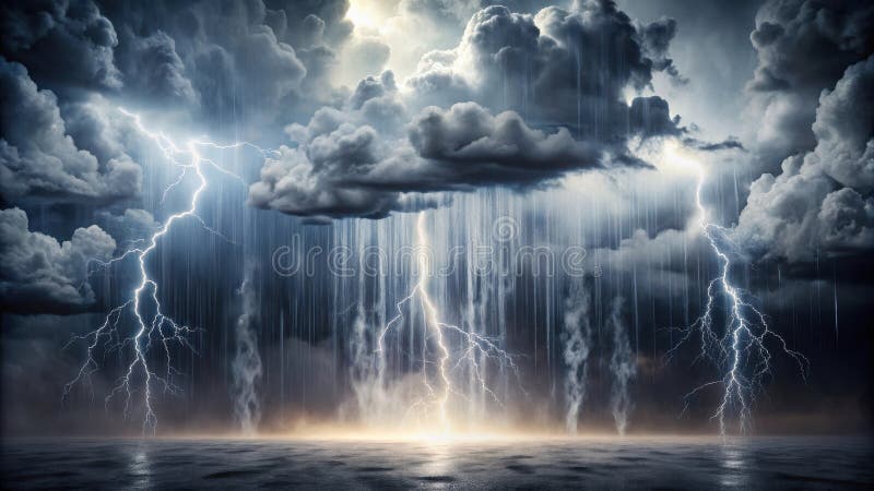 Dramatic Tempestuous Seascape with Intense Lightning and Torrential ...