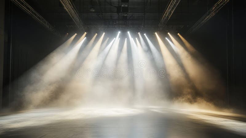 Dramatic Theater Stage with Bright Lights and Atmospheric Smoke Stock ...