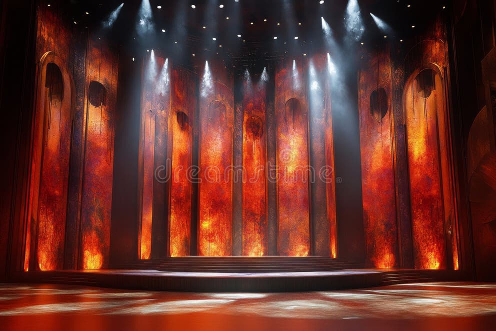 Dramatic Theater Stage Design with Vibrant Lighting and Textured ...