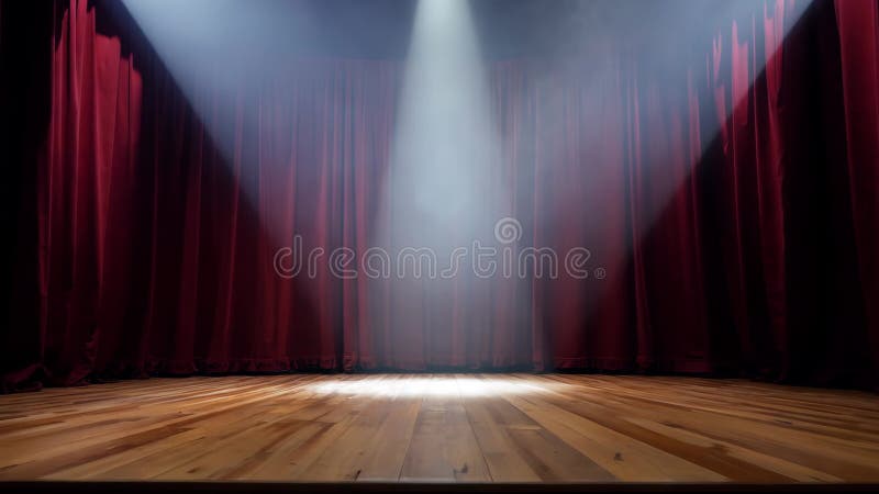 A Dramatic Theater Stage with Red Curtains and a Single Spotlight ...