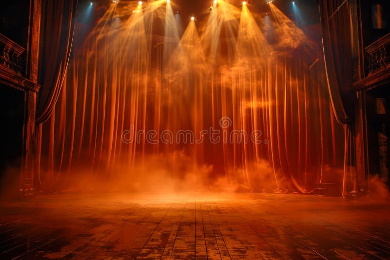 Dramatic Theater Stage with Red Curtains, Spotlight, and Mist - a ...