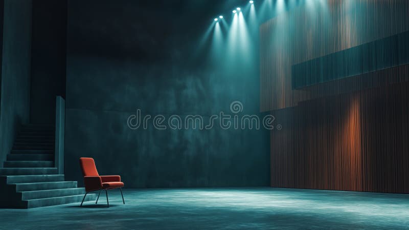 Dramatic Theater Stage with Spotlight on Red Chair in Dimly Lit ...