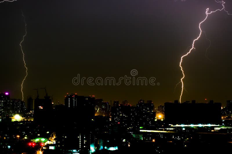Dramatic Thunder Storm Lightning Bolt on the Horizontal Sky and City ...