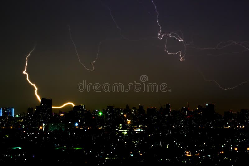 Dramatic Thunder Storm Lightning Bolt on the Horizontal Sky and City ...