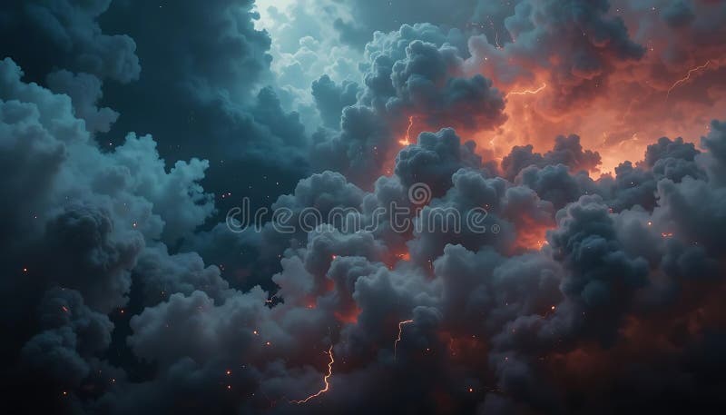 Dramatic Thunderclouds Illuminated by Fiery Lightning Bolts Stock ...