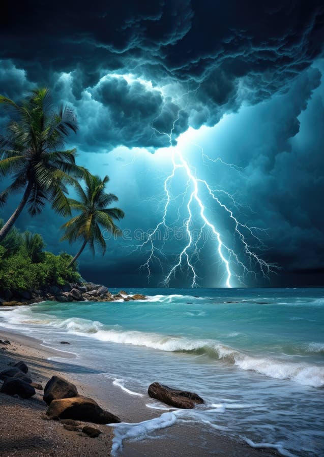 Thunderstorm on Beach Seascape AI Generated Stock Illustration - Illustration of tropical ...