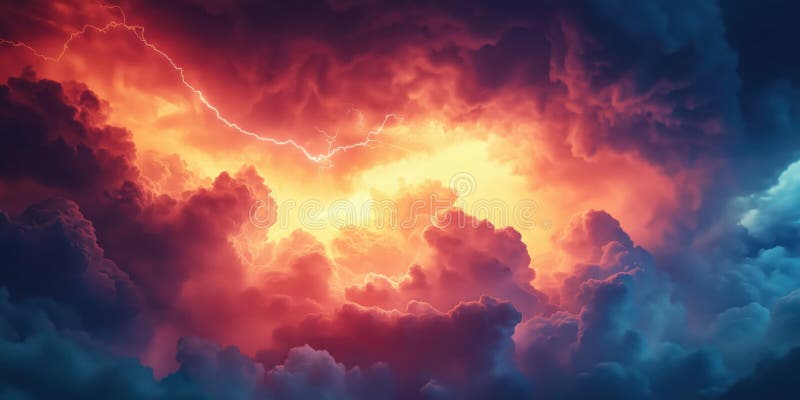 Dramatic Thunderstorm Clouds with Lightning and Fiery Sunset Colors ...