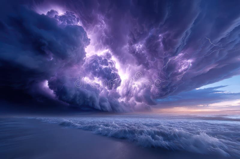 Dramatic Thunderstorm Clouds Over a Calm Ocean during Dusk Stock Image ...