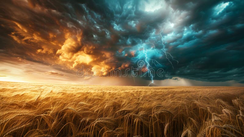 Dramatic Thunderstorm Clouds Over Wheat Field, Realistic Photo of ...