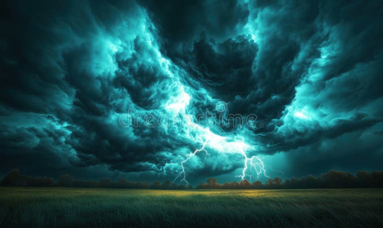 Dramatic Thunderstorm with Electric Blue Clouds and Lightning Strikes Over Field Stock Image ...