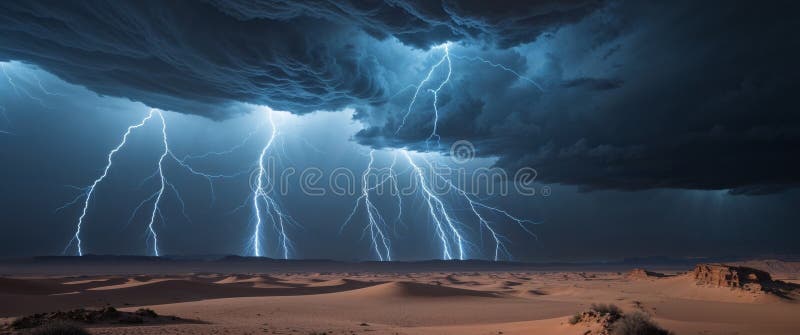 Dramatic Thunderstorm Illuminates a Vast Desert Landscape with Intense ...