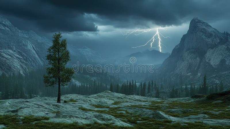 A Dramatic Thunderstorm Illuminating Rugged Mountains and a Lone Tree ...
