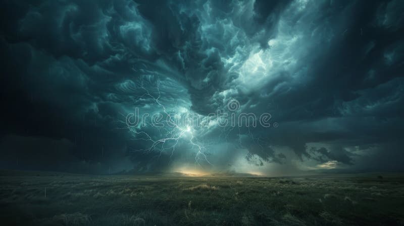 Dramatic Thunderstorm with Intense Lightning Striking Over a Dark, Open ...