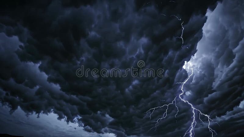 Dramatic Thunderstorm with Lightning Bolt Striking through Dark Clouds, Intense and Powerful ...