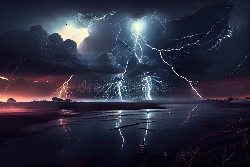Dramatic Thunderstorm, with Lightning Bolts Striking Down on the ...