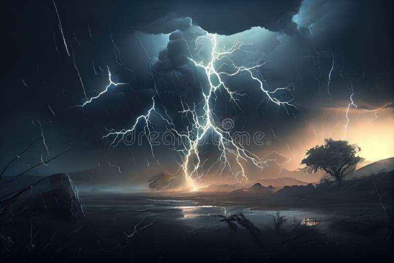 Dramatic Thunderstorm, with Lightning Bolts Striking the Ground and ...