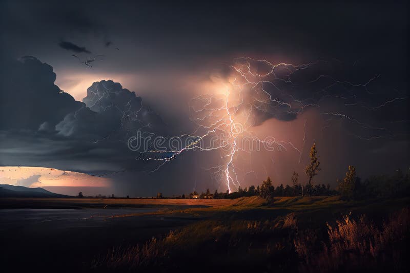 Dramatic Thunderstorm with Lightning Bolts Striking Nearby, Viewed from ...