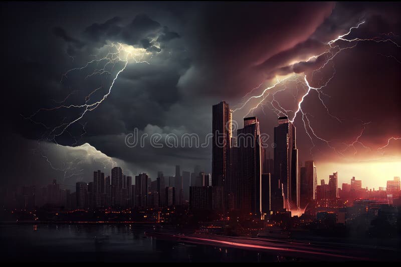 Dramatic Thunderstorm, with Lightning Flash and Crashing Rain, Over ...