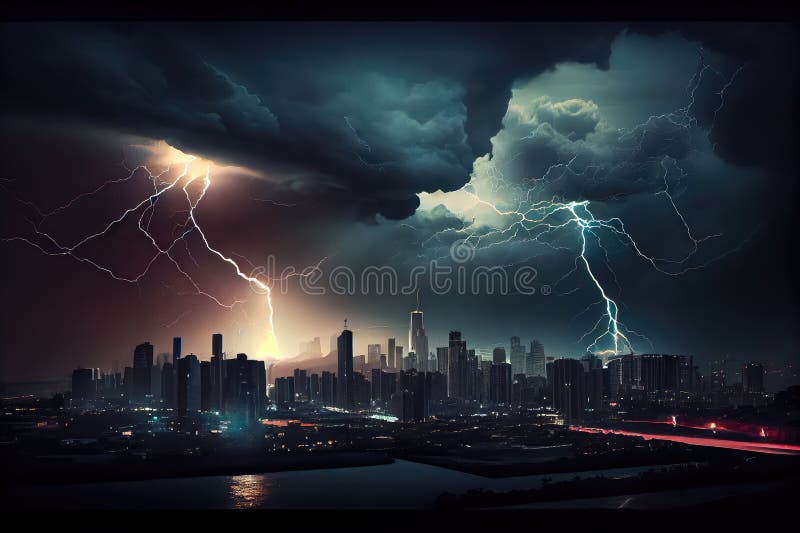 Dramatic Thunderstorm, with Lightning Flash and Crashing Rain, Over ...