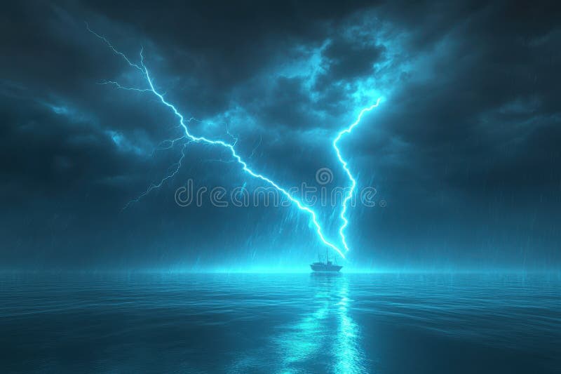 Dramatic Thunderstorm with Lightning Highlighting a Lone Ship on Calm ...