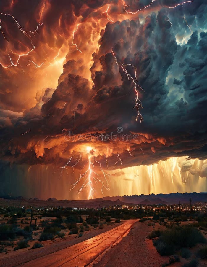 Dramatic Thunderstorm with Lightning Over Desert Road Stock Photo ...