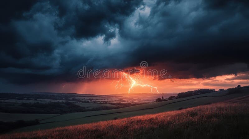 Dramatic Thunderstorm with Lightning Over Fields at Sunset Stock Photo ...