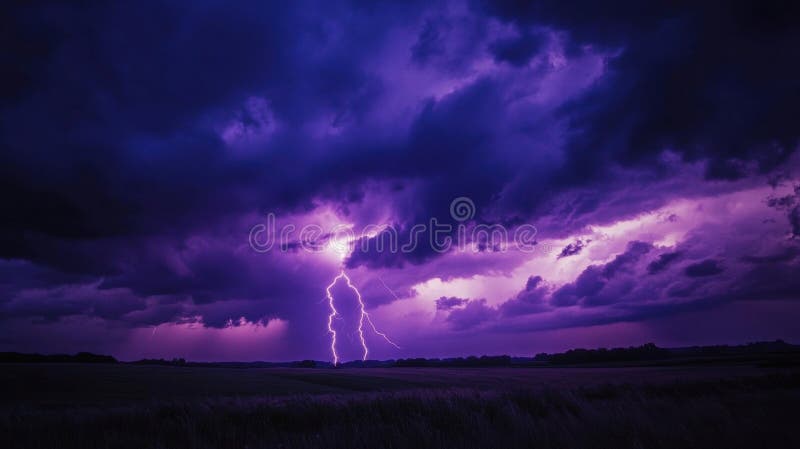 Dramatic Thunderstorm with Lightning in Purple Sky Over Open Field ...