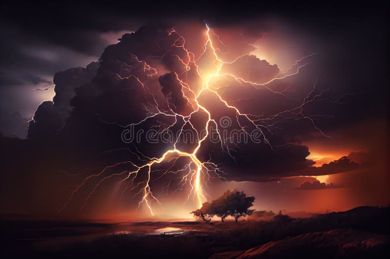 Dramatic Thunderstorm with Lightning Strike, Illuminating the Night Sky ...