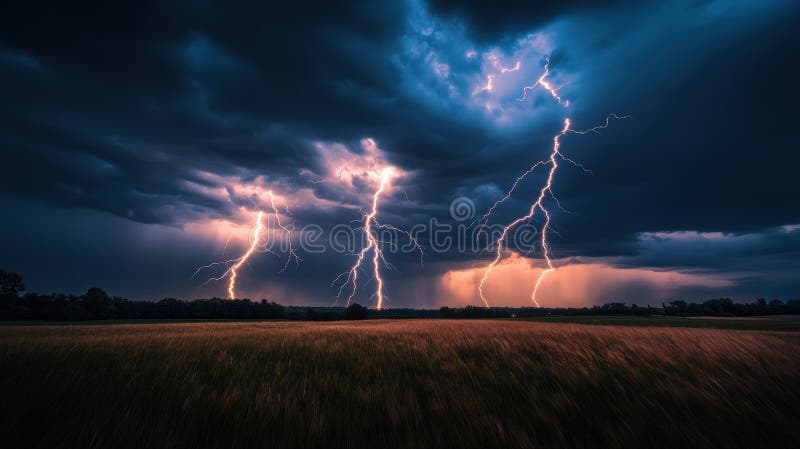 Dramatic Thunderstorm with Lightning Strikes Over Dark Clouds Stock ...