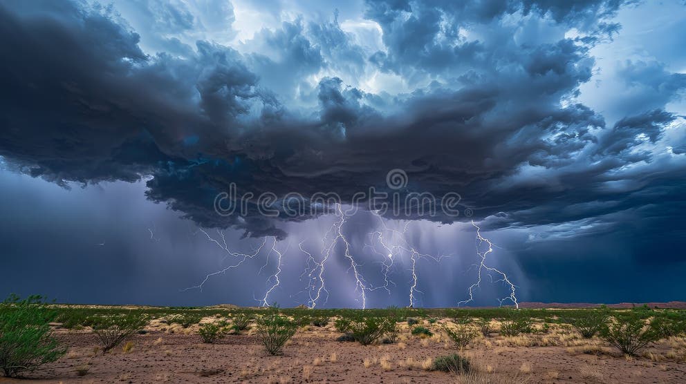 Dramatic Thunderstorm with Lightning Strikes Over Desert Landscape ...