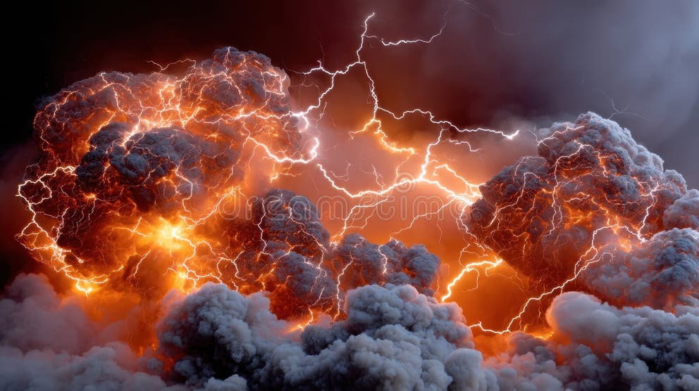 Dramatic Thunderstorm with Lightning Strikes and Volcanic Ash Explosion ...