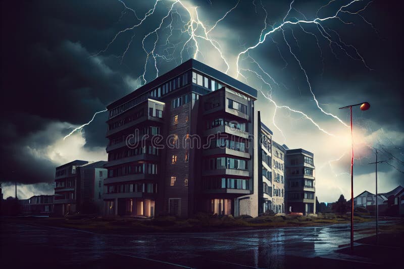 Dramatic Thunderstorm with Lightning Striking Nearby Building, Creating ...