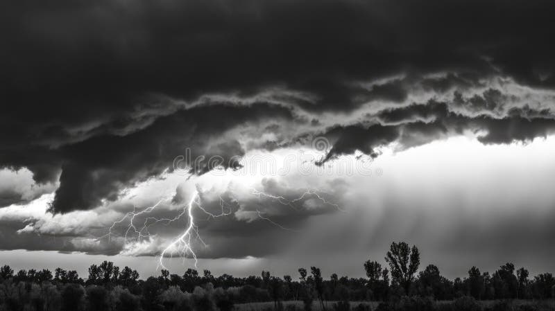 Dramatic Thunderstorm with Lightning Striking Over Forest Landscape at ...