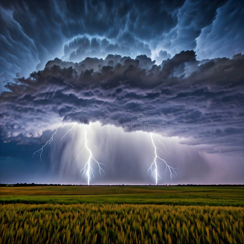 Dramatic Thunderstorm with Lightning Striking Over a Green Field. Dark ...