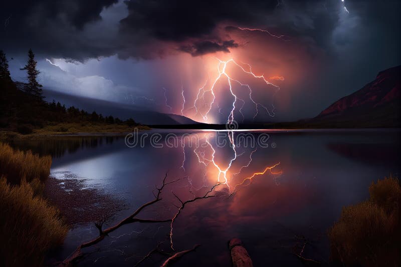 Dramatic Thunderstorm with Lightning Striking the Sky Over Peaceful ...