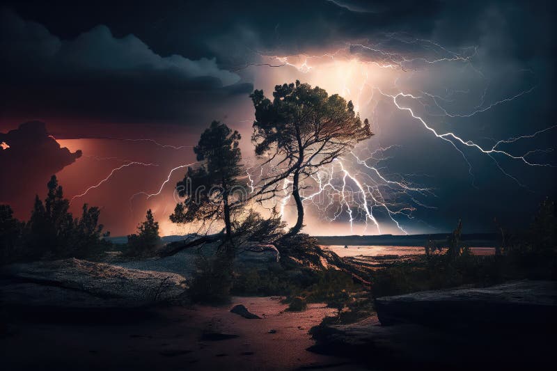 Dramatic Thunderstorm, with Lightning Striking Trees in the Background ...